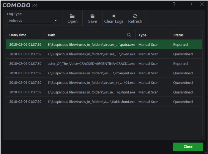 View CCAV Logs, CCAV Log Monitor, Comodo Cloud Antivirus | COMODO